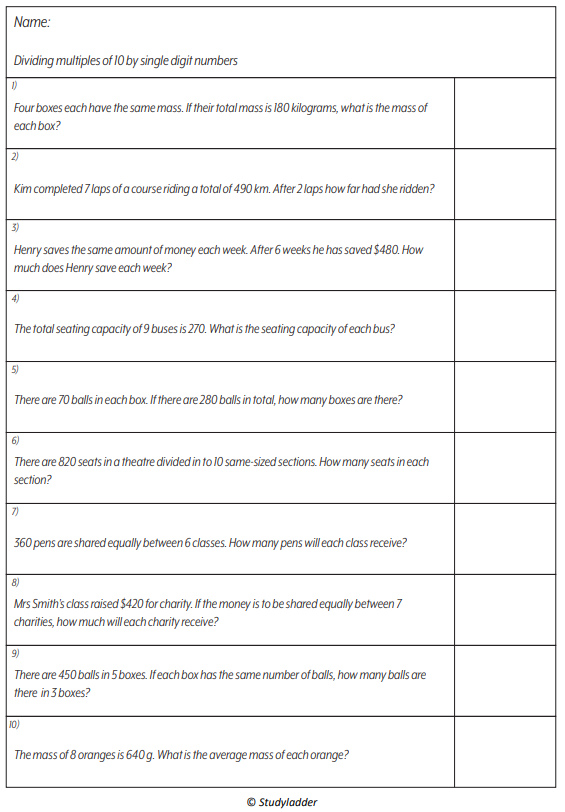 Dividing Multiples Of 10 By 1 Digit problem Solving Studyladder 